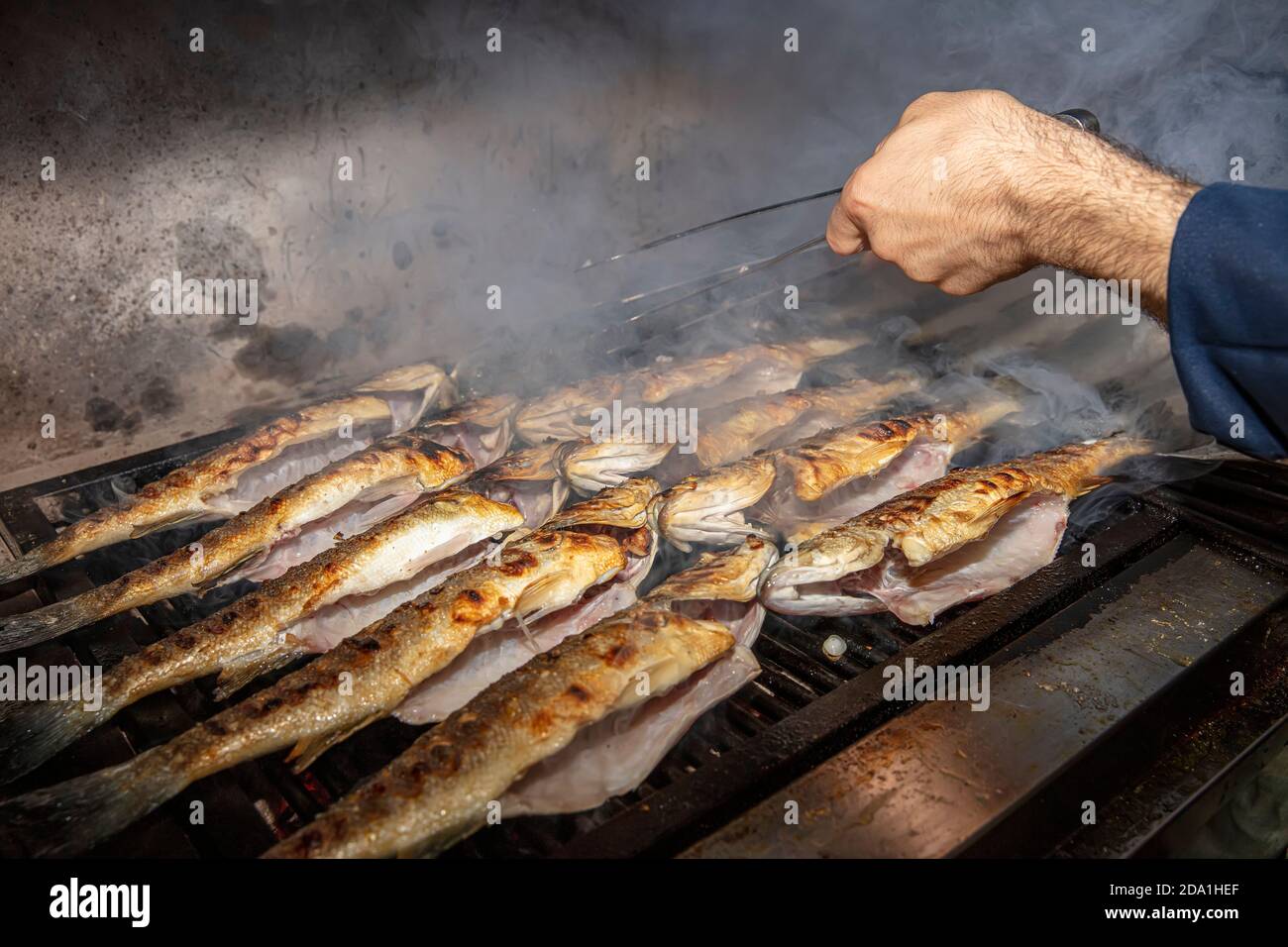 Grilled sea bass fish closeup. In process. European sea-bass, chef is ...