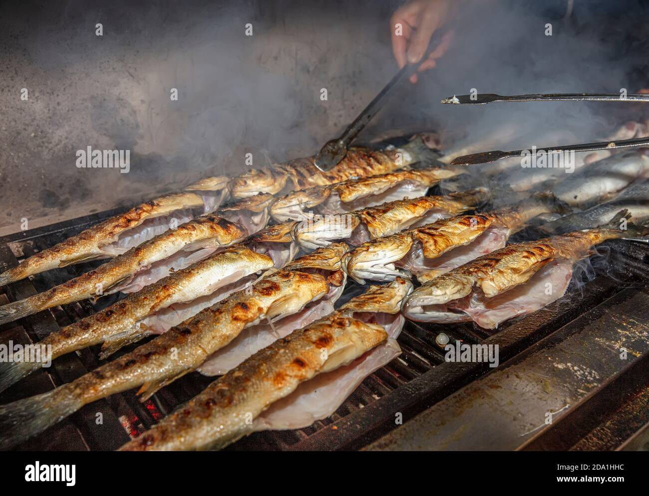 Grilled sea bass fish closeup. In process. European sea-bass, chef is ...