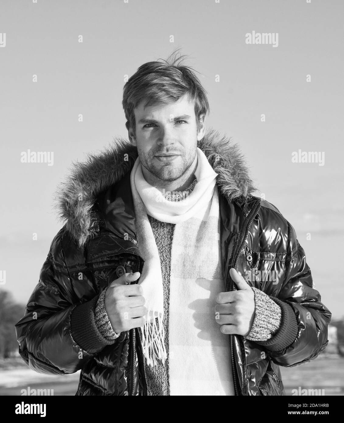 man enjoy sunny winter day. male seasonal fashion. cold and flu. male ...