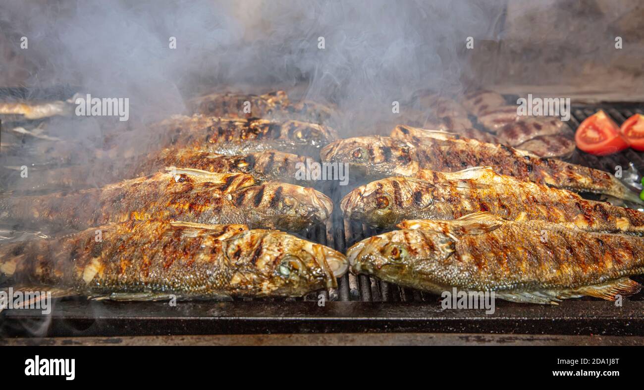 Grilled sea bass fish closeup. In process. European sea-bass, chef is ...
