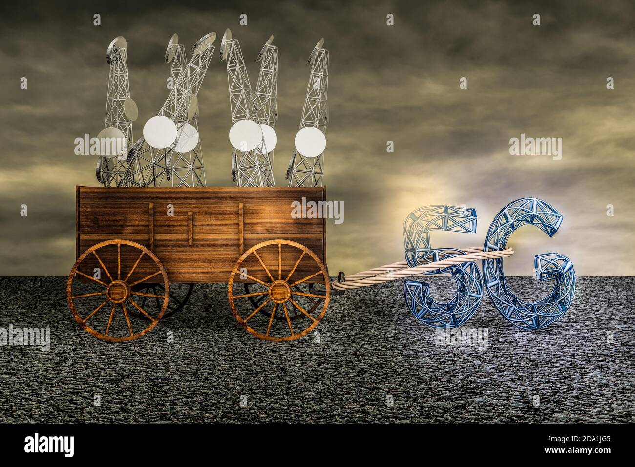 5G icon carrying a wooden cart filled with telecommunication towers ...