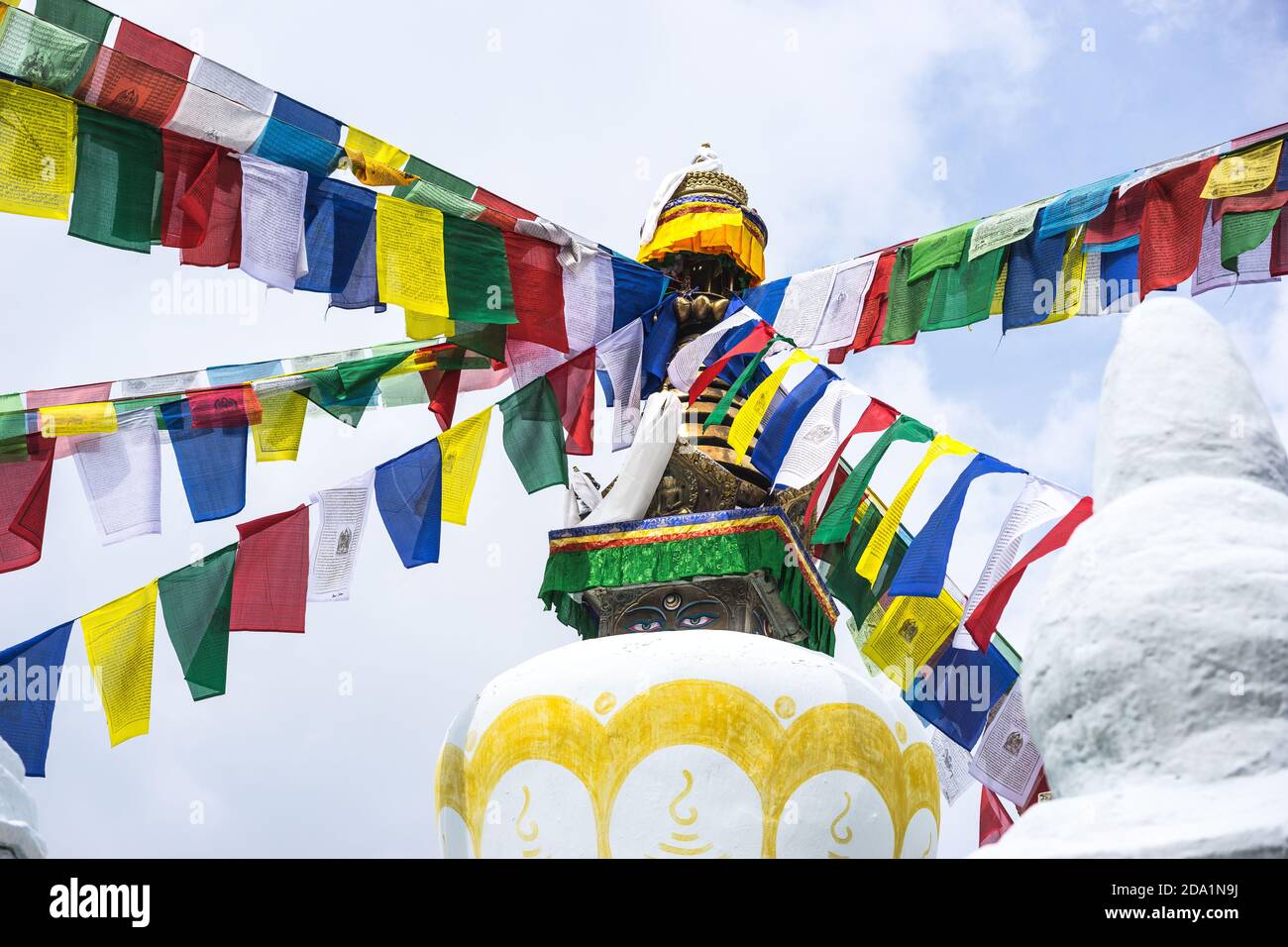 tibetan buddhist prayer flags on a stupa in Namo Buddha monastery in ...