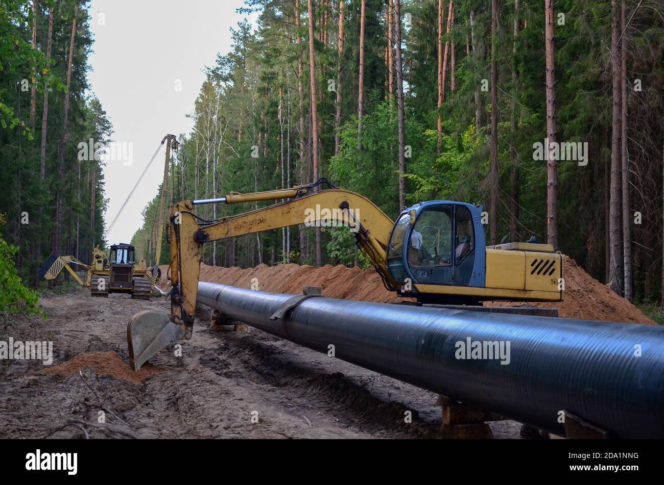 Natural gas pipeline construction work. A dug trench in the ground for ...