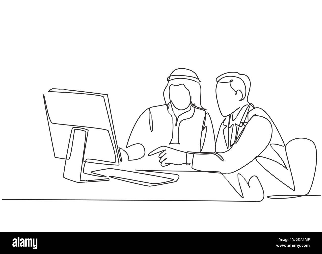 One single line drawing of young happy muslim businessman discussing ...