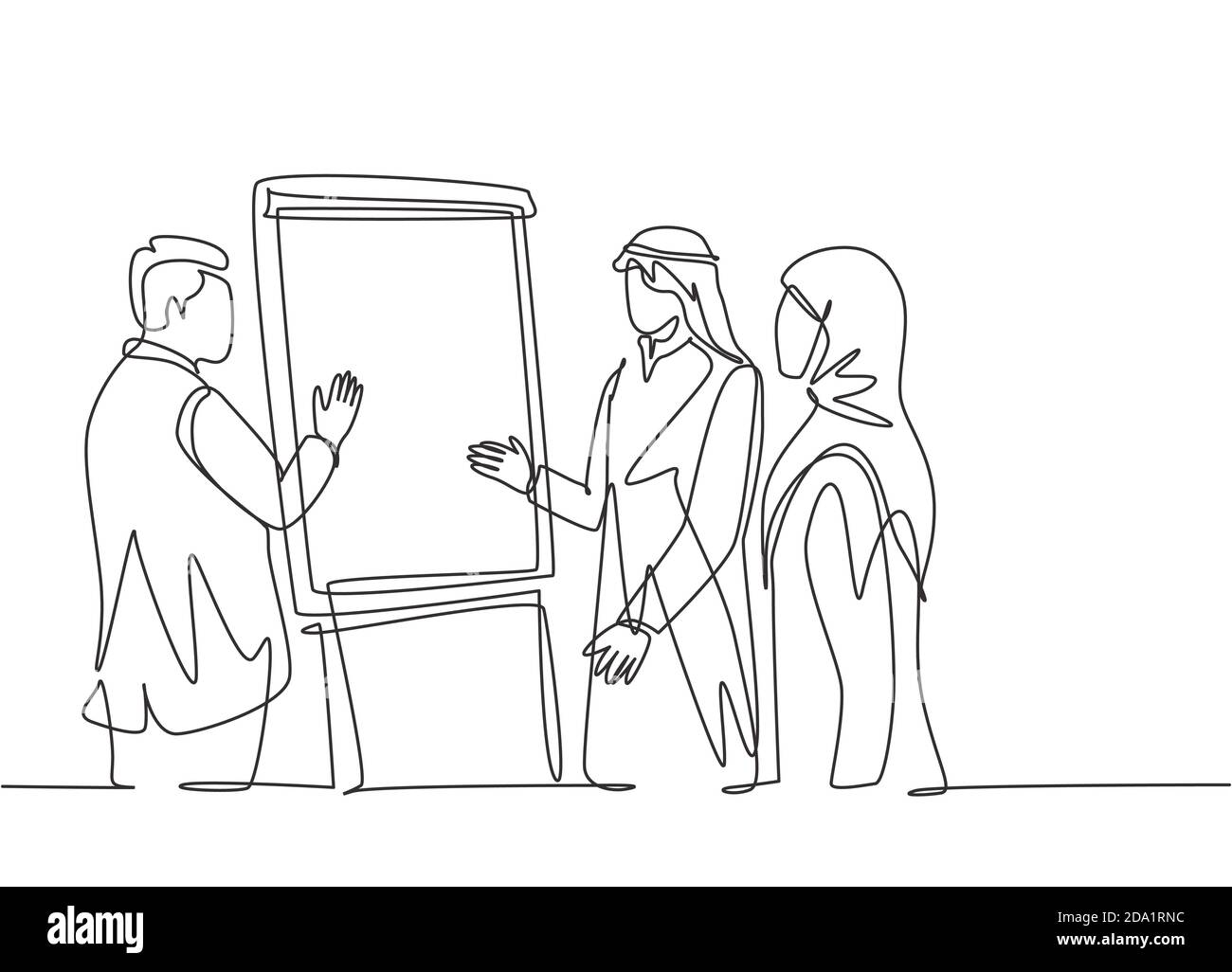 Single continuous line drawing of young muslim businessman presenting ...