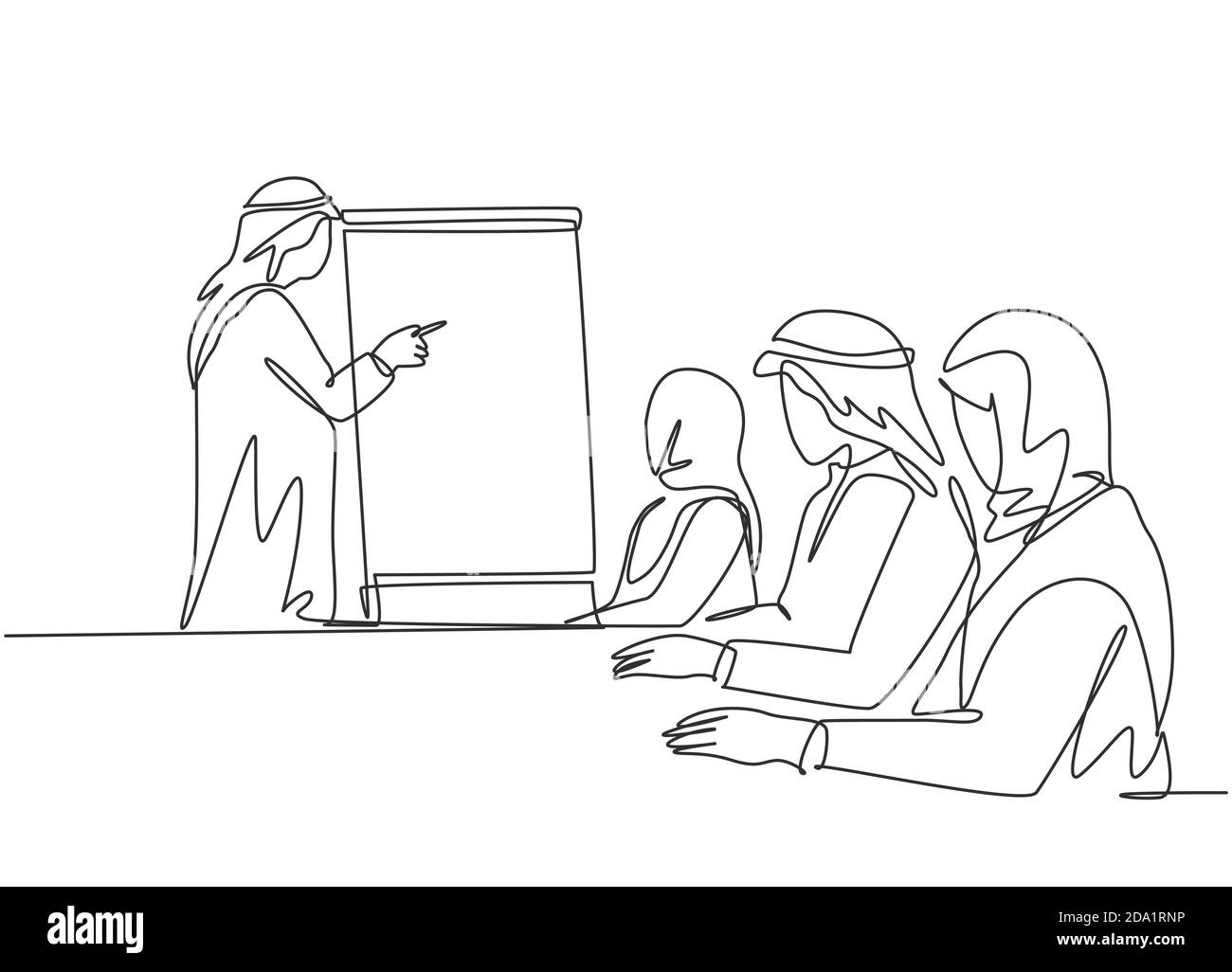 One single line drawing of young happy muslim startup founder ...