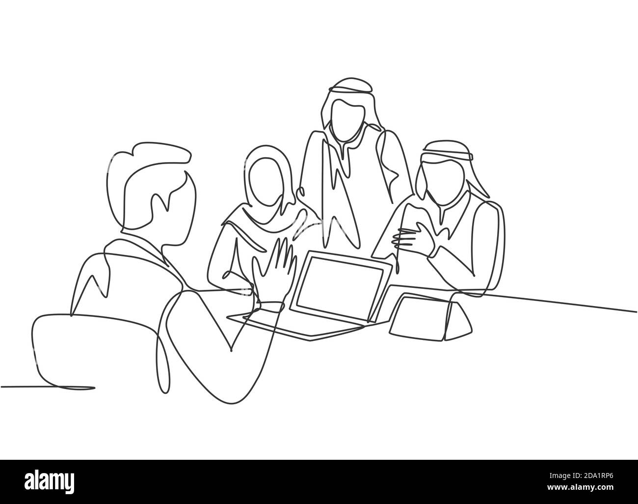 One single line drawing of young happy muslim businessmen get business ...