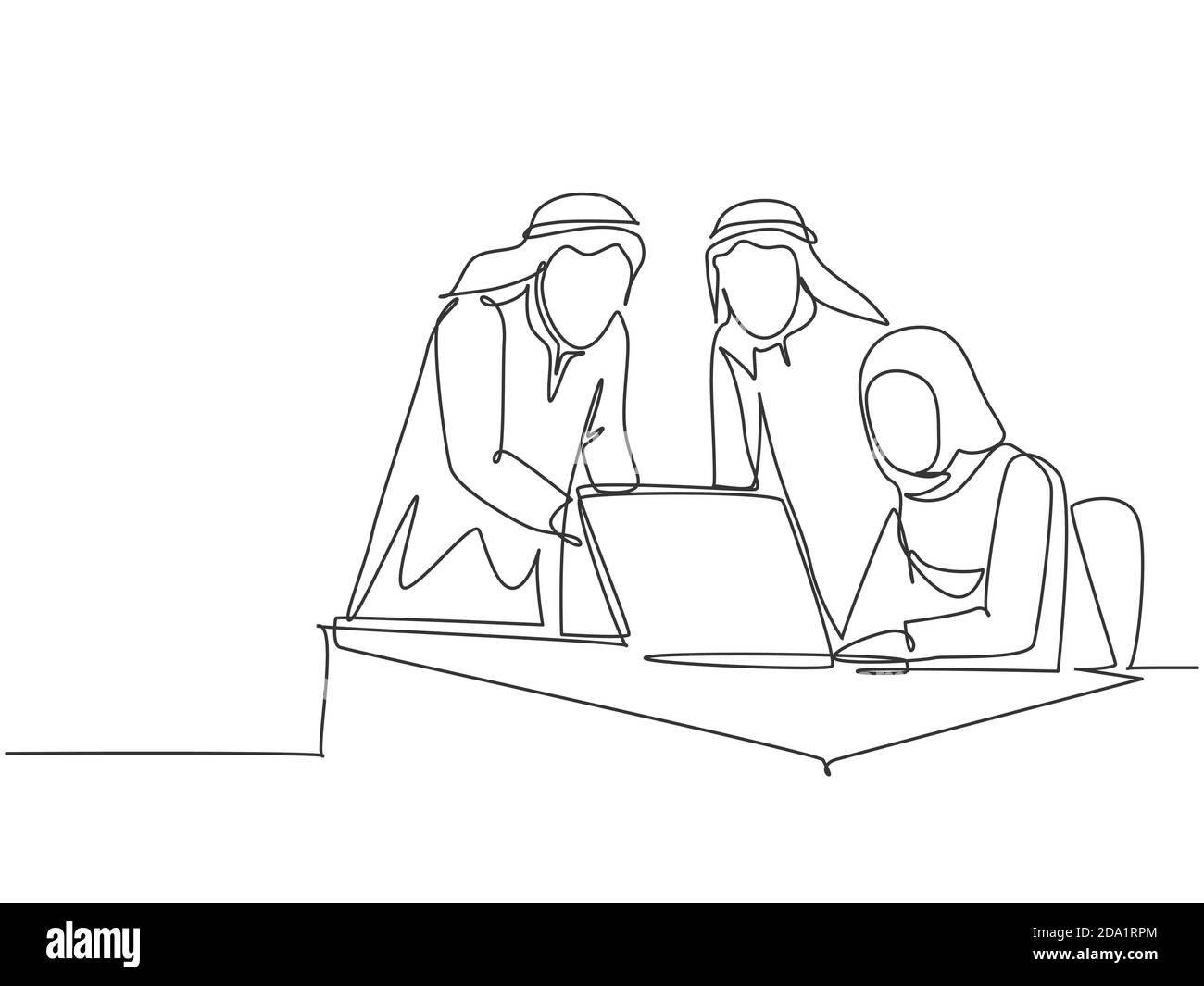 One single line drawing of young happy muslim workers discussing sales ...