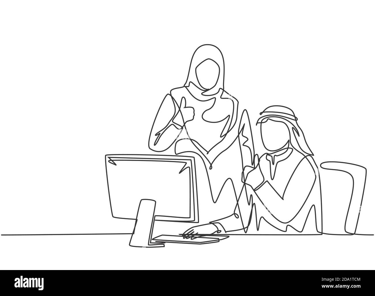 Single continuous line drawing of young muslim male and female ...