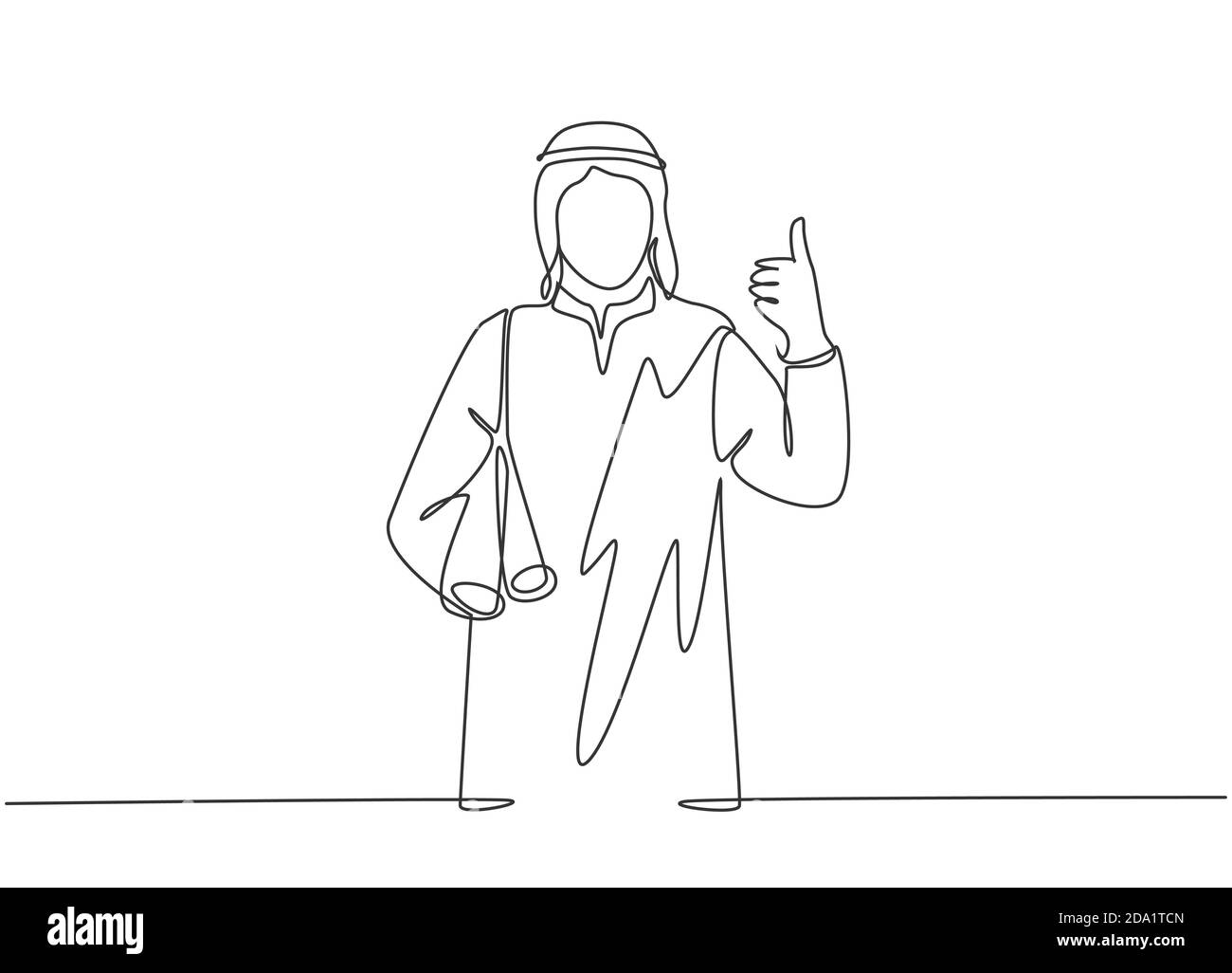 One single line drawing of young happy muslim architect bring building ...