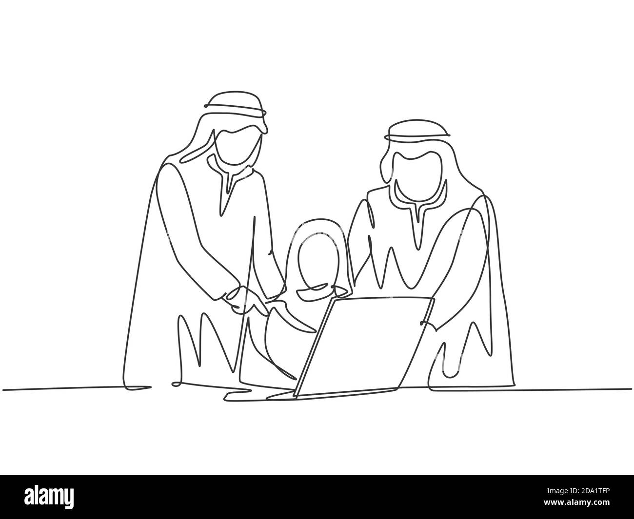 Single continuous line drawing of young happy muslim workers watching ...