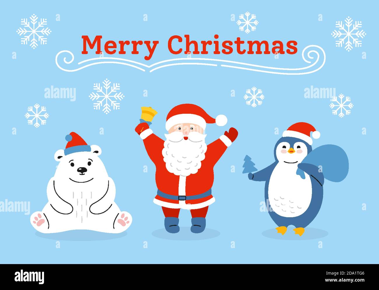 Christmas greeting card, cartoon polar bear, santa claus and penguin ...