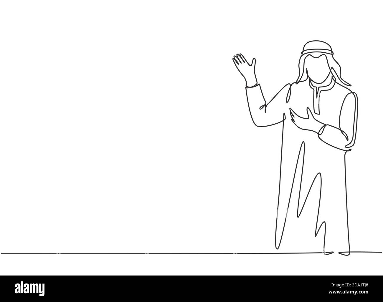 Single continuous line drawing of young muslim businessman giving ...