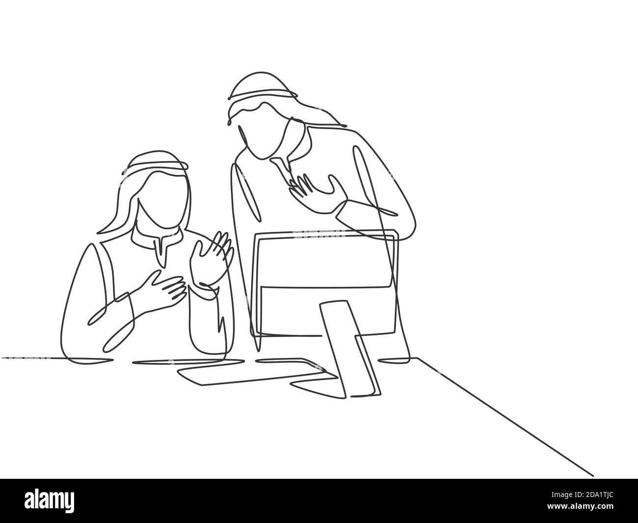 Single continuous line drawing of young muslim business men team ...