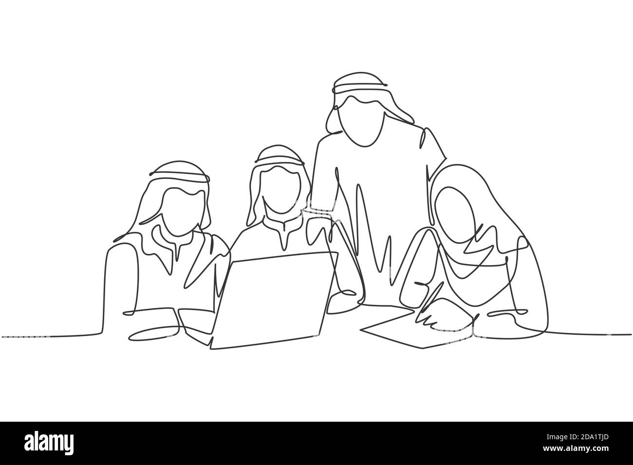 One continuous line drawing of young muslim startup team members ...
