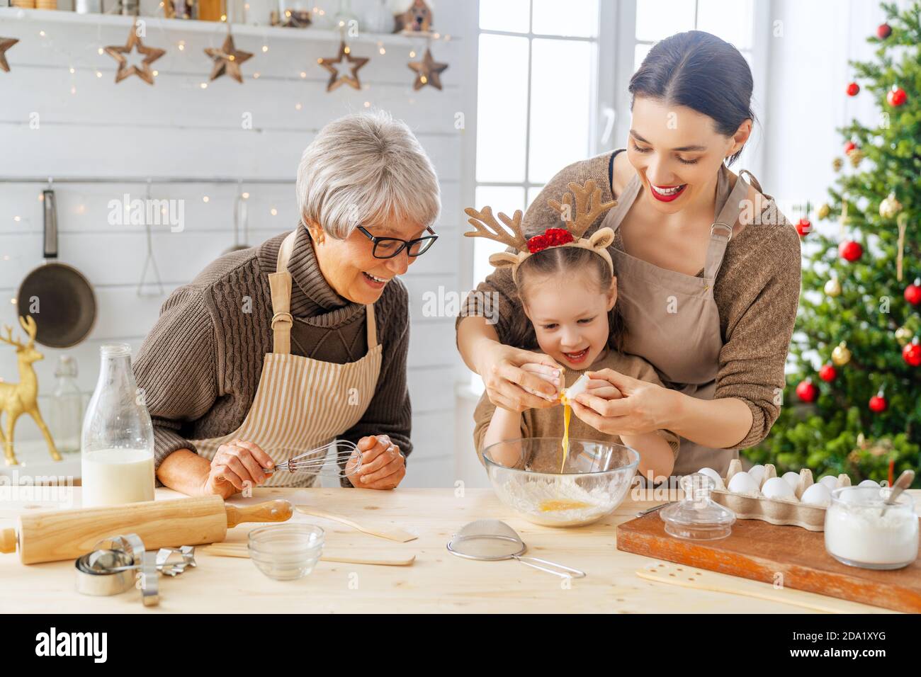 Merry Christmas and Happy Holidays. Family preparation holiday food ...