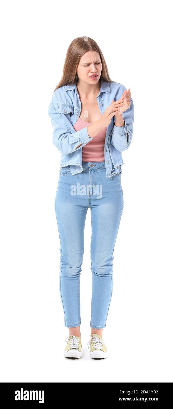 Woman with problem of limbs numbness on white background. Diabetes ...