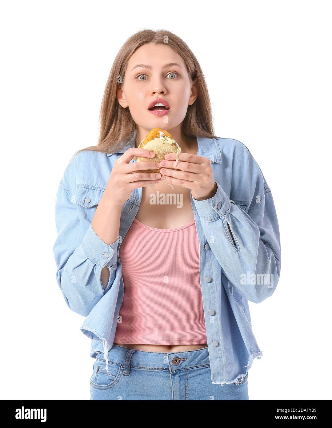 Woman with problem of strong hunger on white background. Diabetes ...