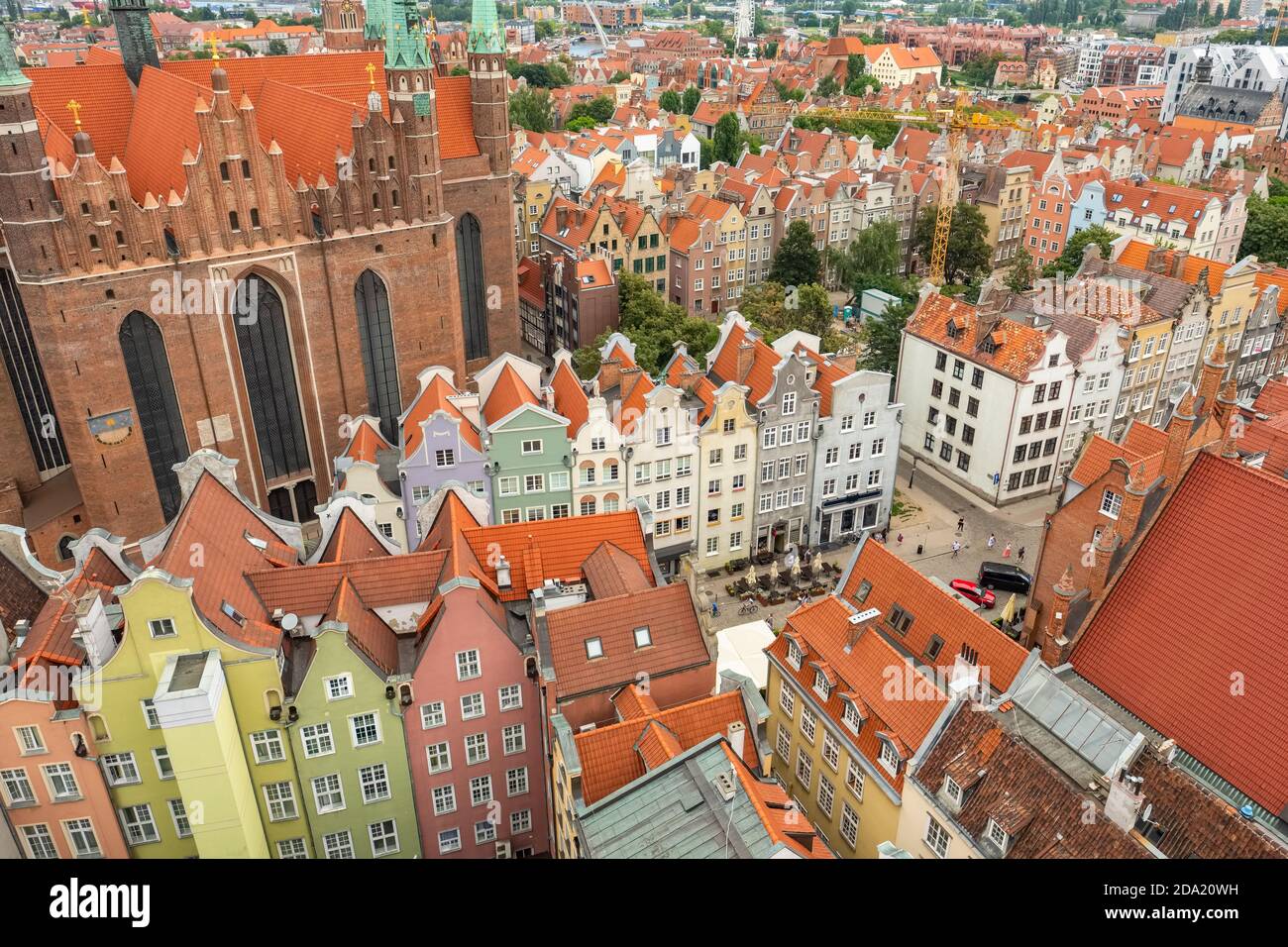 Top view of Gdansk old town with reddish tiled roofs of old town in ...