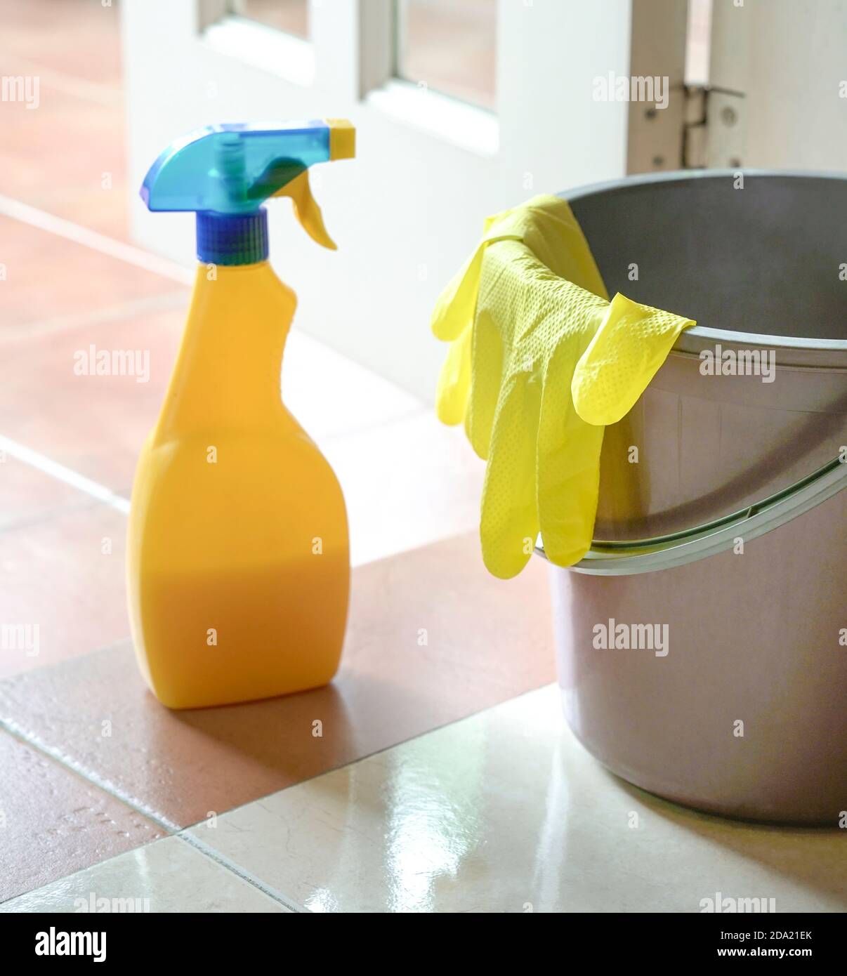 Cleaning spray gun with hand gloves and water pail. Tools for cleaning ...