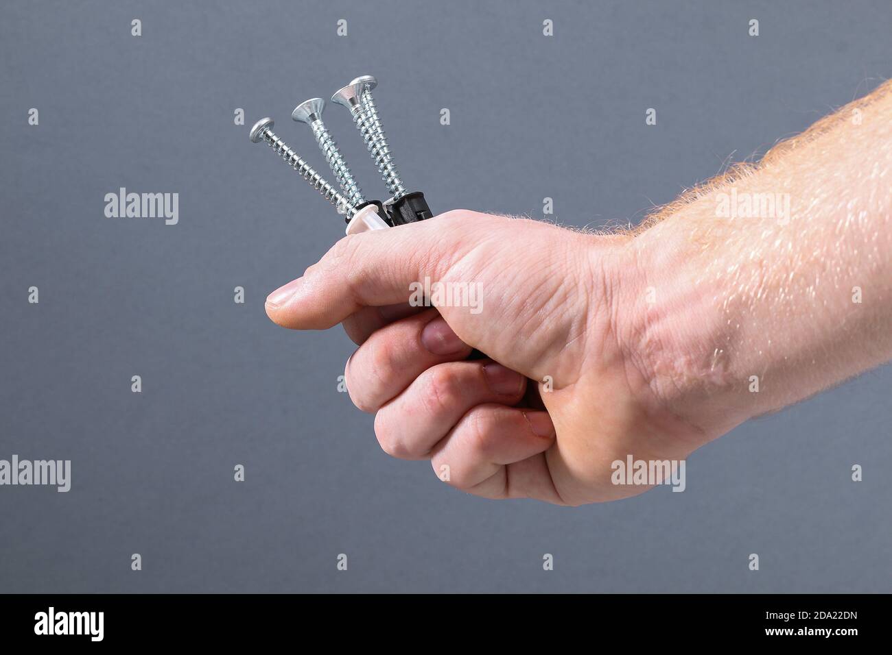 Black iron screws, dowel nail in the palm for wood. Fasteners and ...