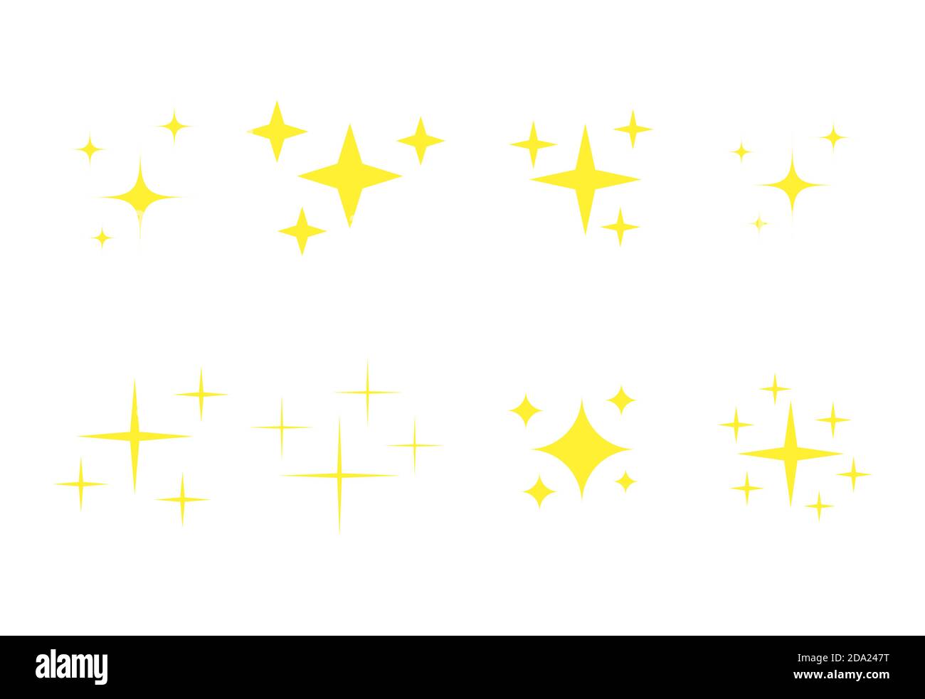 Yellow spark emoji icons set. Golden glowing stars symbols collection. Bright christmas stars ...