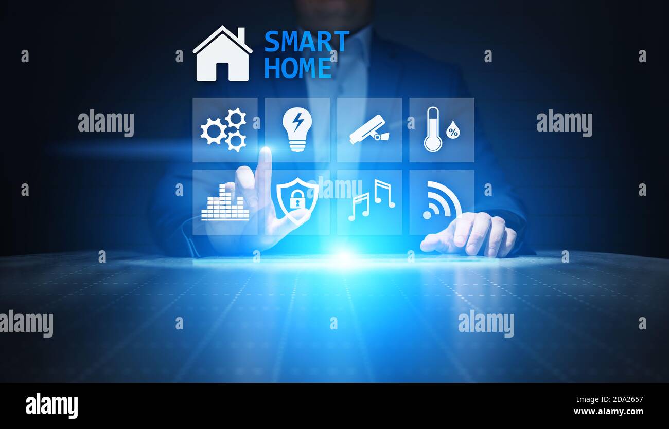 Smart home control panel on virtual screen. Internet of things, IOT ...