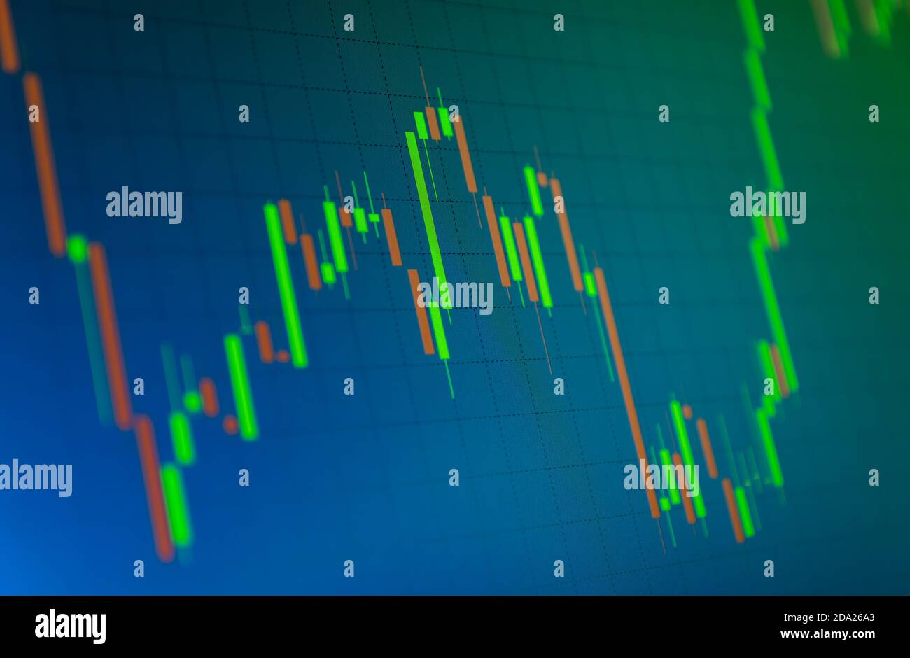 Tilted Red and Green Stock Chart or Forex Chart and Table Line on Blue ...