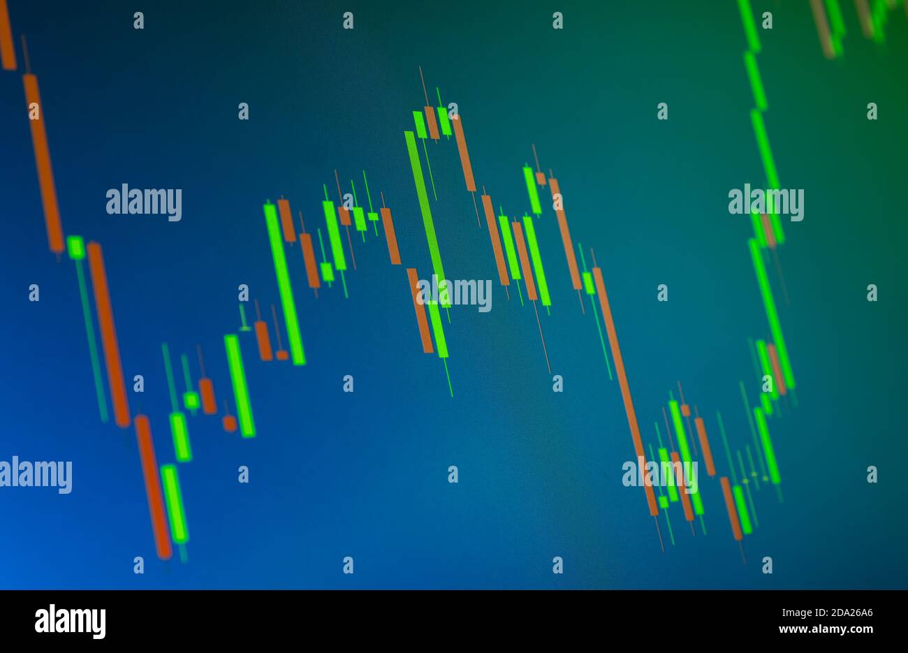 Tilted Red and Green Stock Chart or Forex Chart on Blue Background in ...