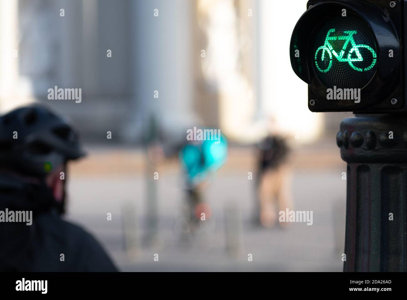 Sustainable transport. Bicycle traffic signal, green light, road bike ...