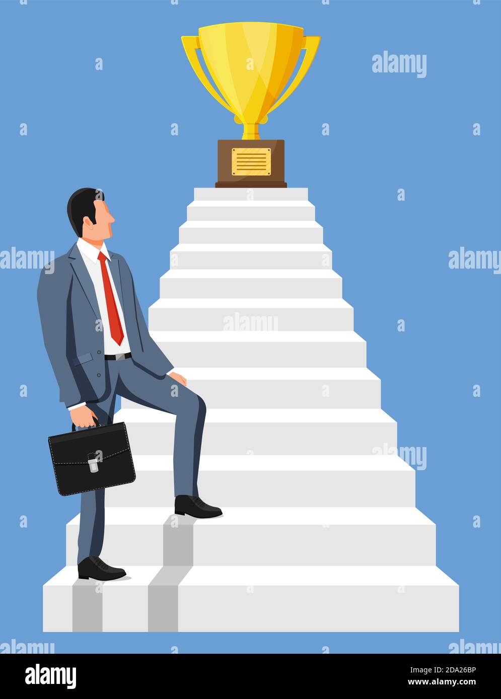 Businessman and gold trophy on ladder of success. Award, victory, goal ...