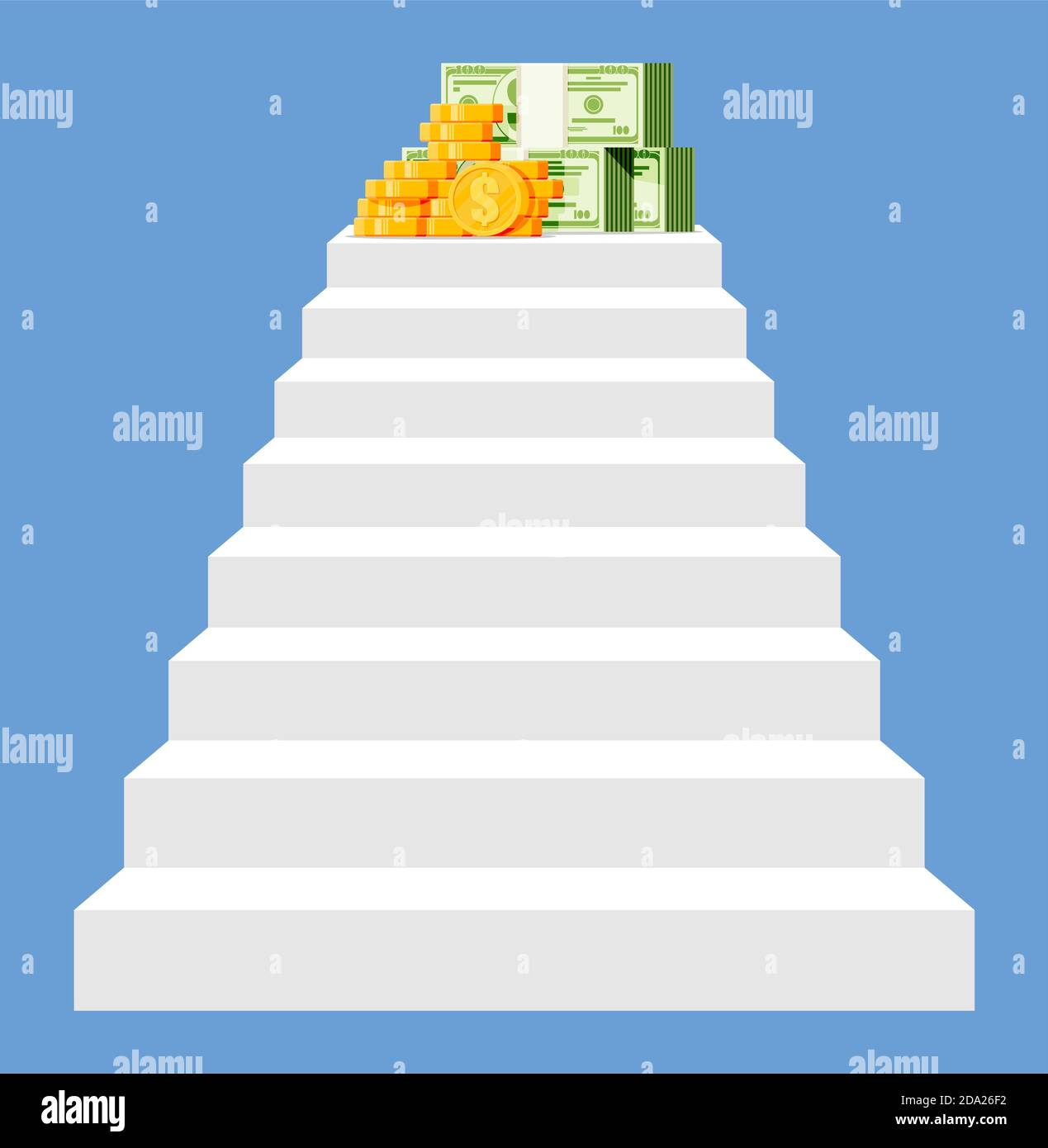 Money at top of stairs, gold coins dollar banknotes. Goal setting ...