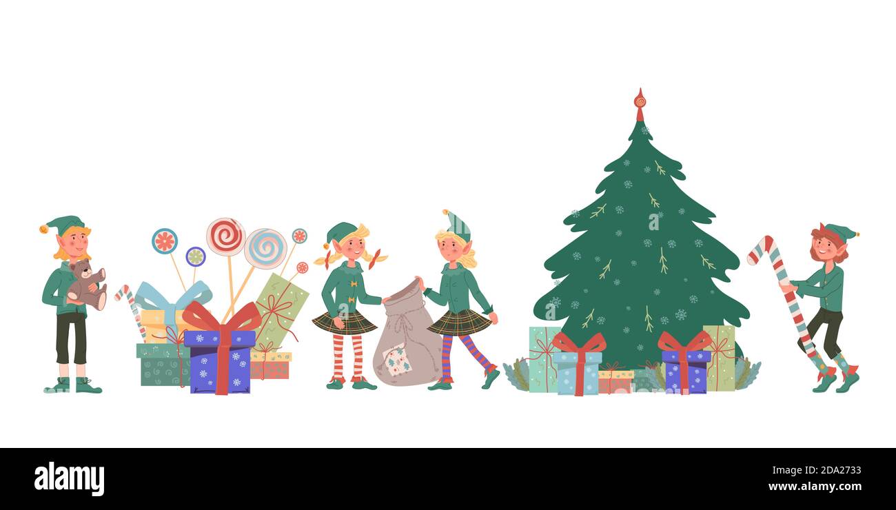 Christmas Santas Elves cute little boys and girls flat vector ...