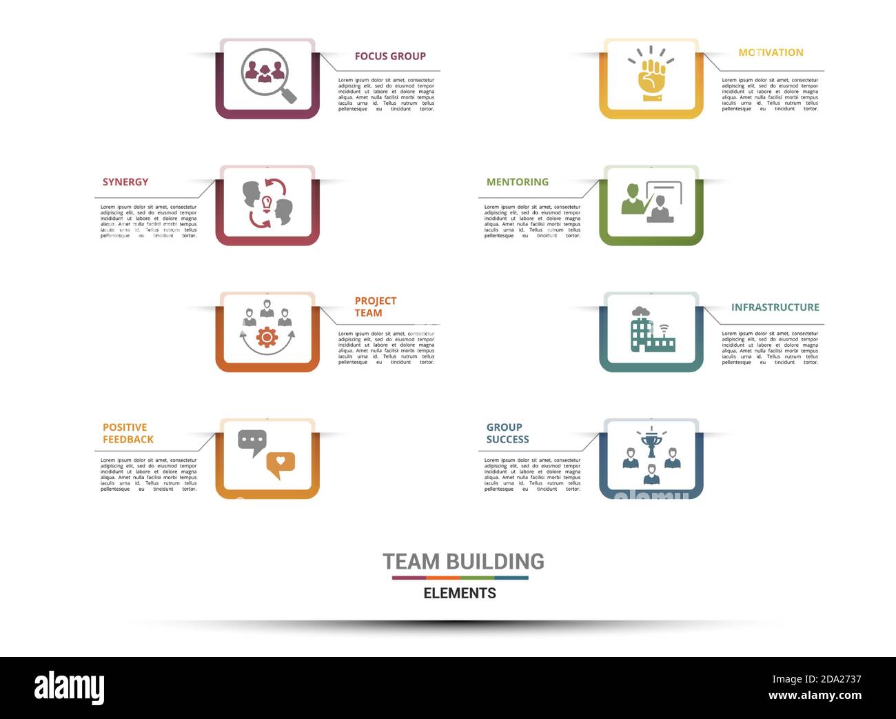 Infographic Team Building template. Icons in different colors. Include ...