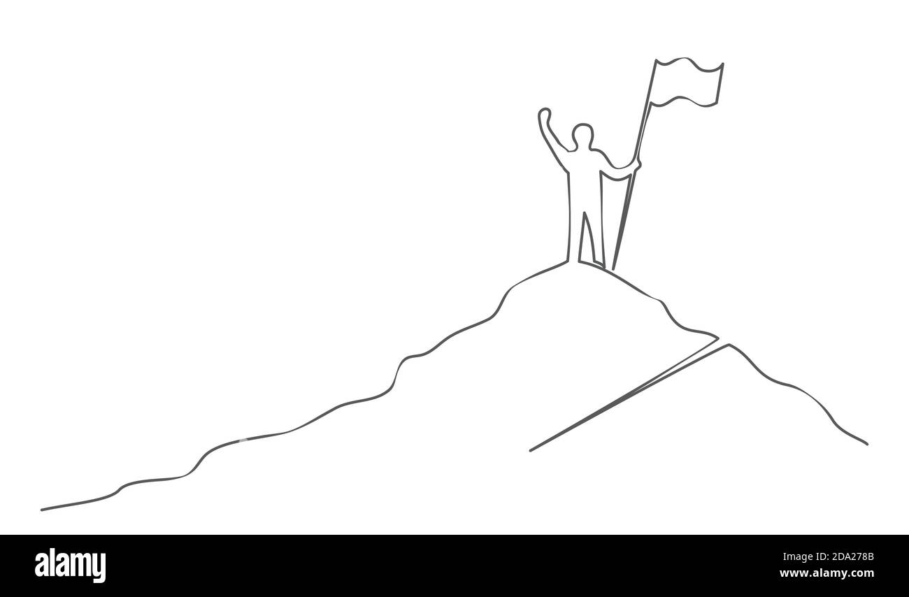 Man with flag on mountain Success Leadership One line drawing Goal ...