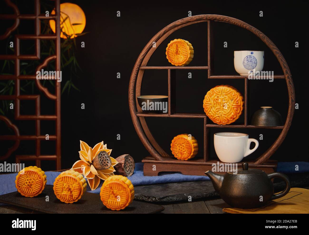 View of mooncakes on a table set up Stock Photo - Alamy