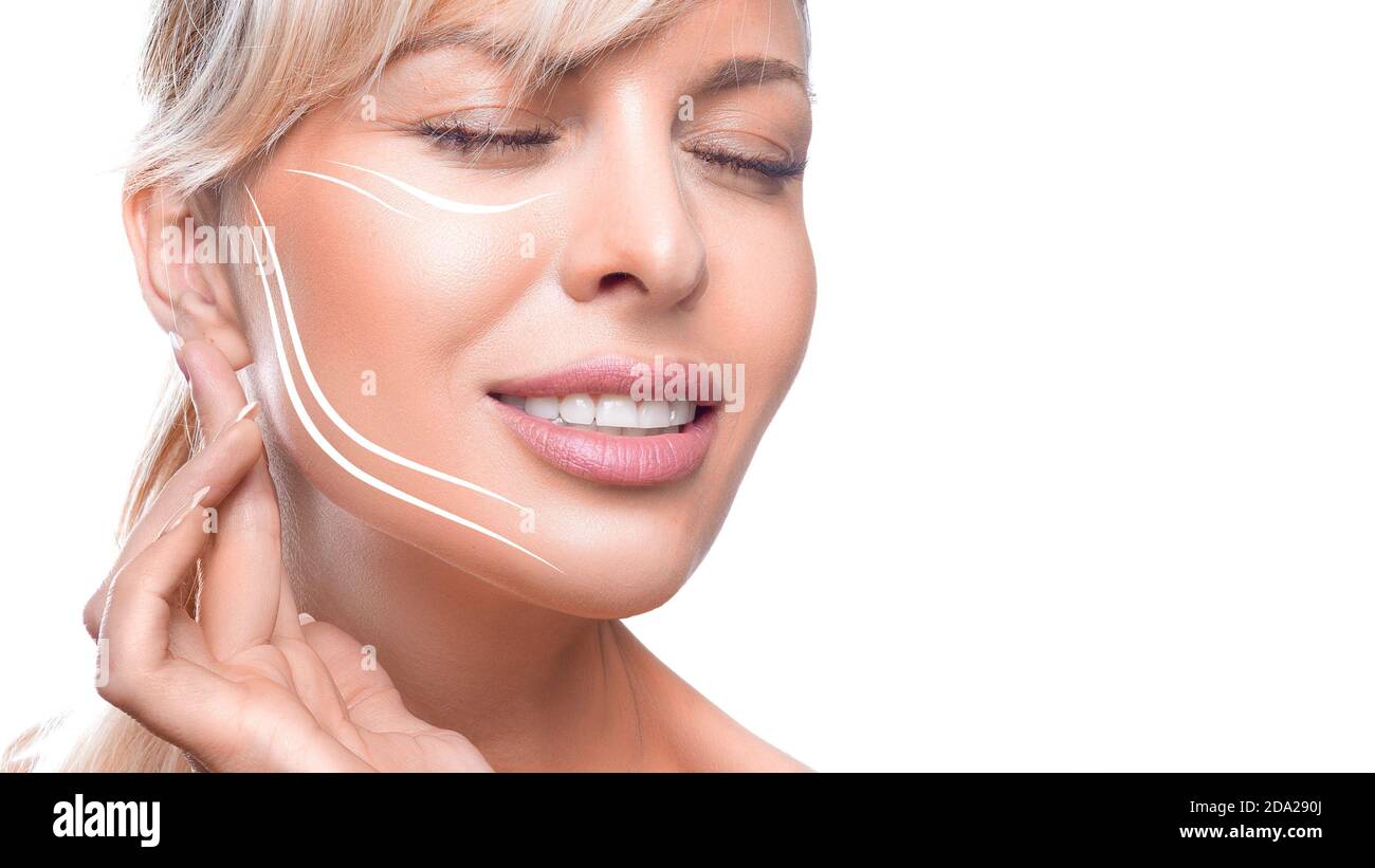 Close up woman portrait with a face lifting lines on the face. Isolated ...