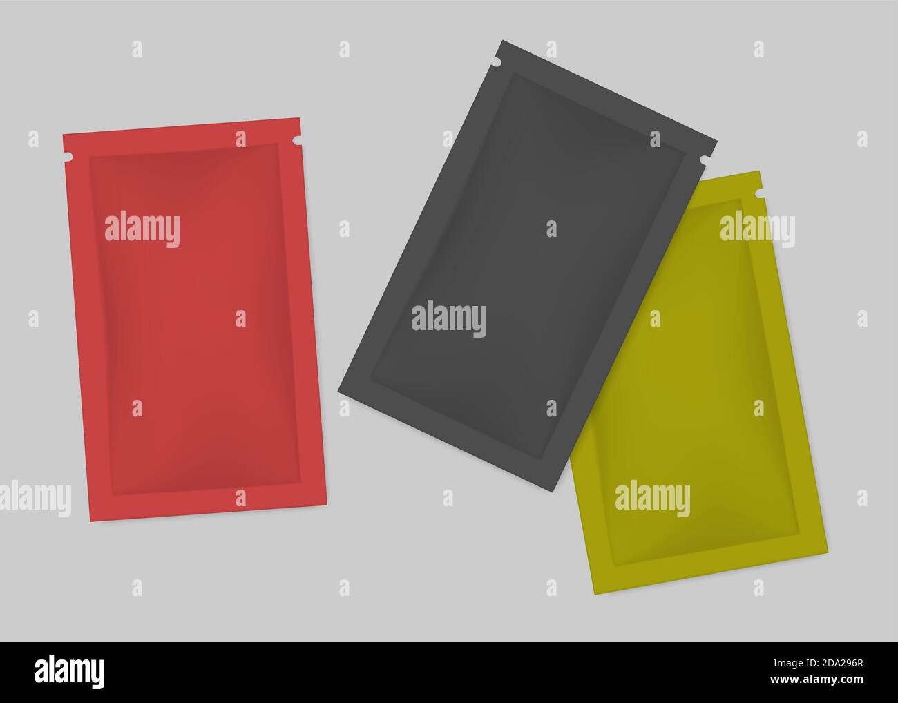 Blank color sachet packet set, realistic vector illustration. Small ...