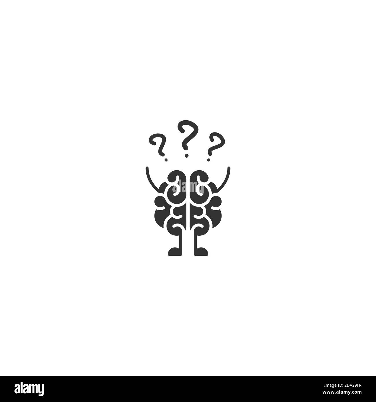 Black brain character with hands, legs and question marks. Intellect ...