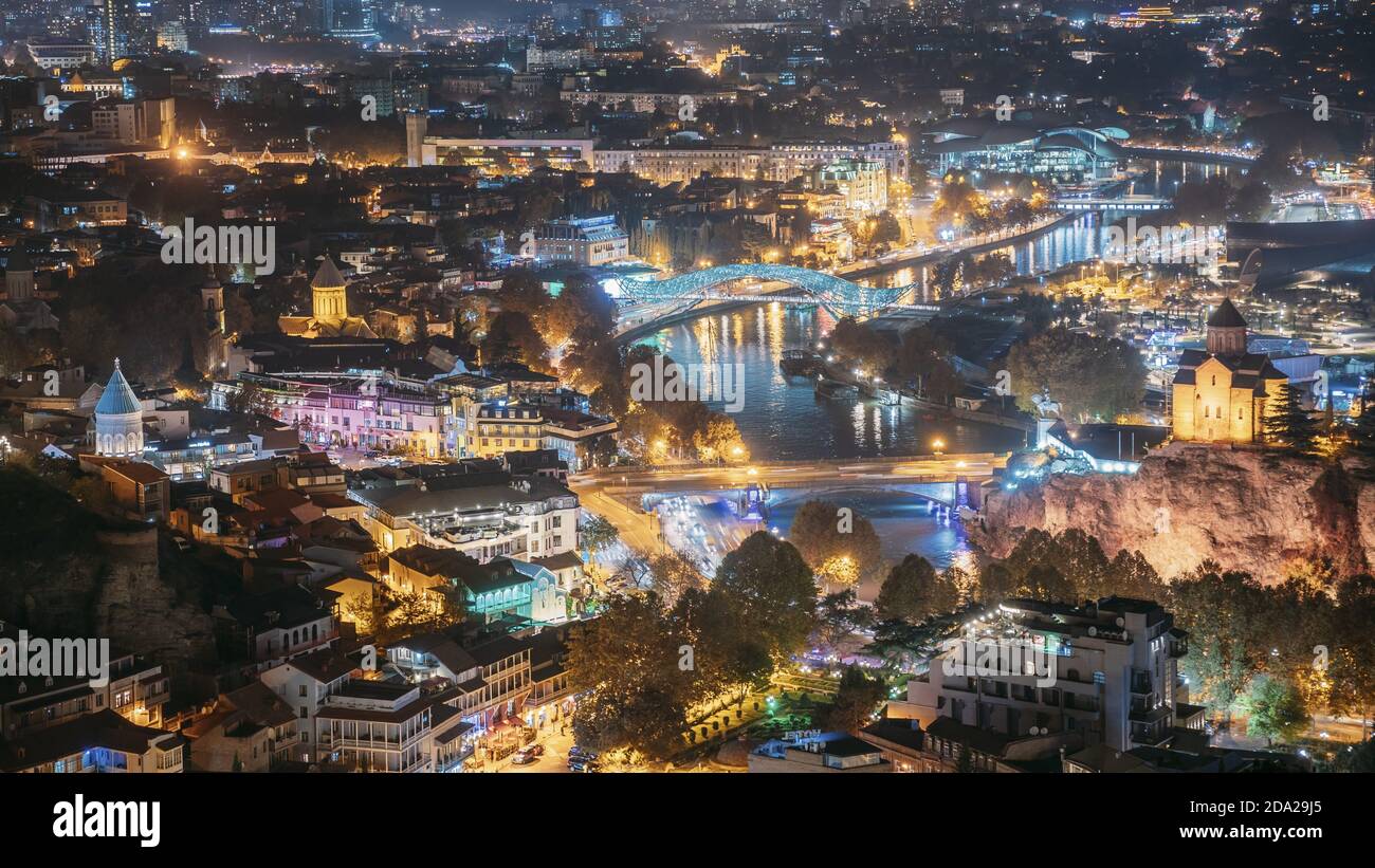 Tbilisi, Georgia. Top View Of Famous Landmarks In Evening Or Night ...