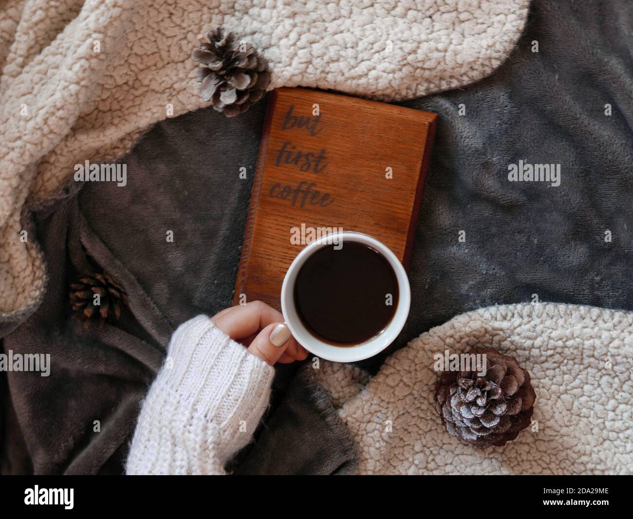 Top view of a coffee cup with the text "but first coffee Stock Photo ...
