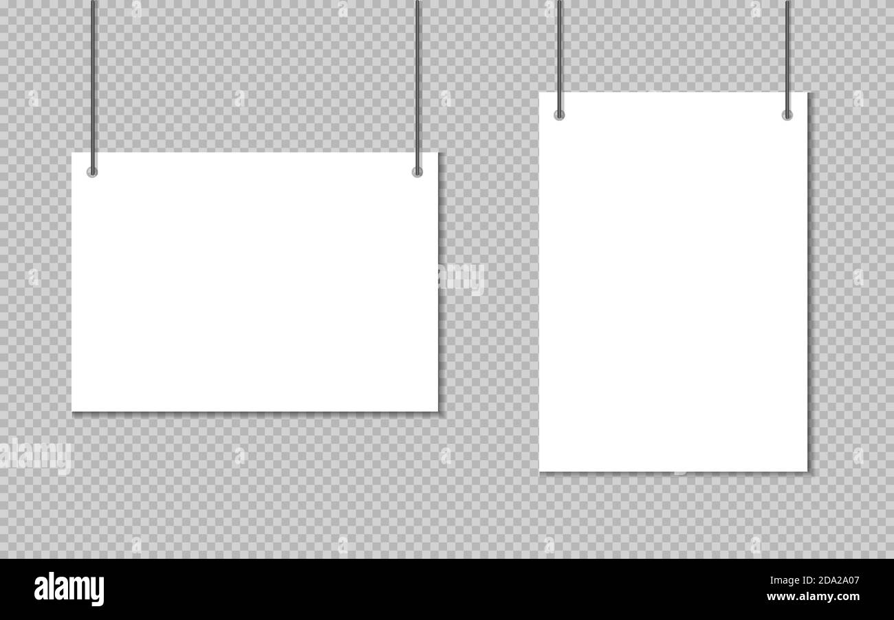 Vector realistic white blank A4 paper poster hanging on a rope with ...