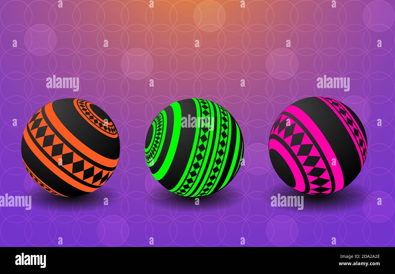 Black balls with a colored, geometric pattern on a bright background ...
