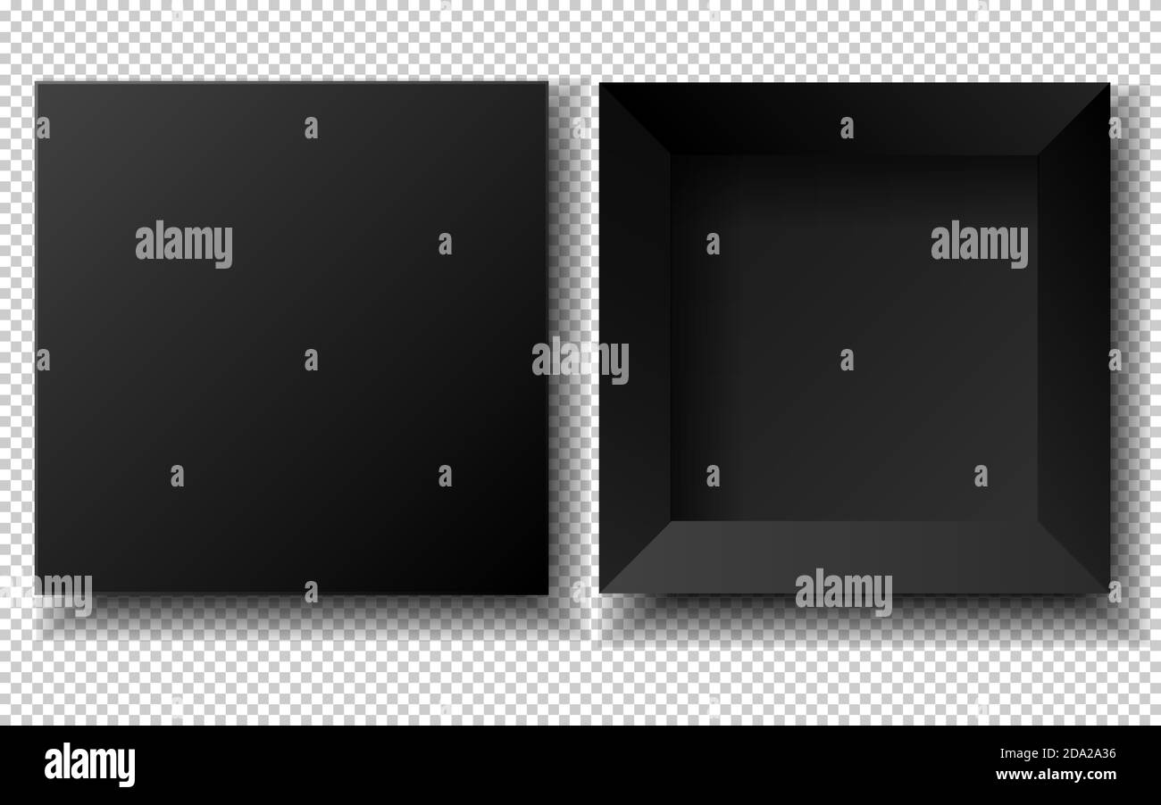 Black box packaging. Top view open and closed gift presentation boxes ...