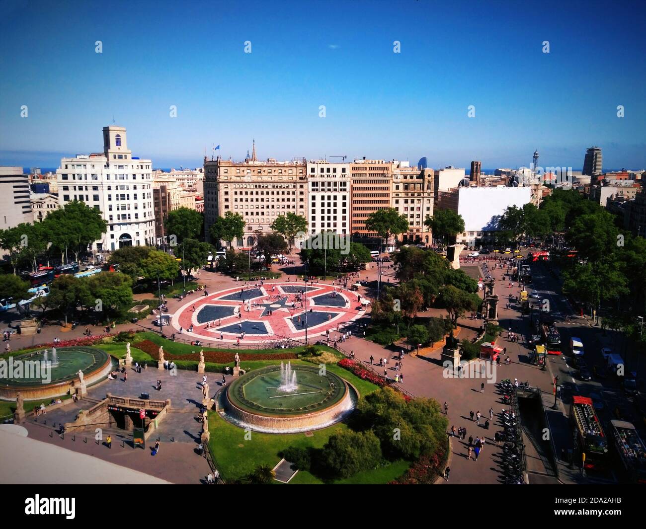 Aerial View of Catalonia Square in the sunshine day. Barcelona, Spain ...