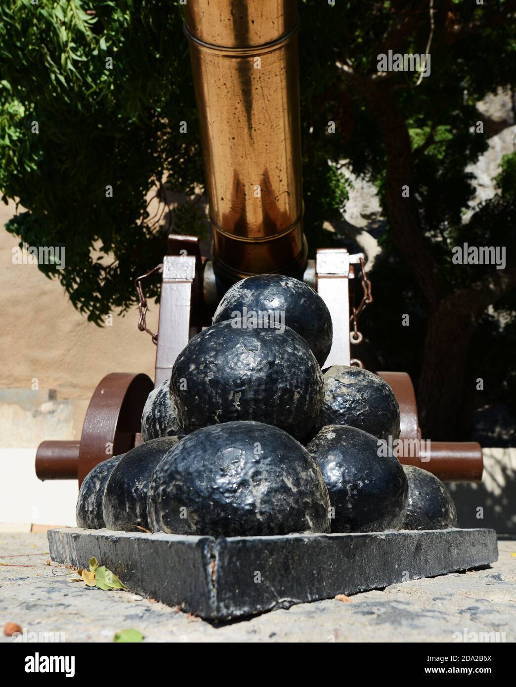 Cannonballs and a canon at the Al Mirani fort in Muscat, Oman Stock ...