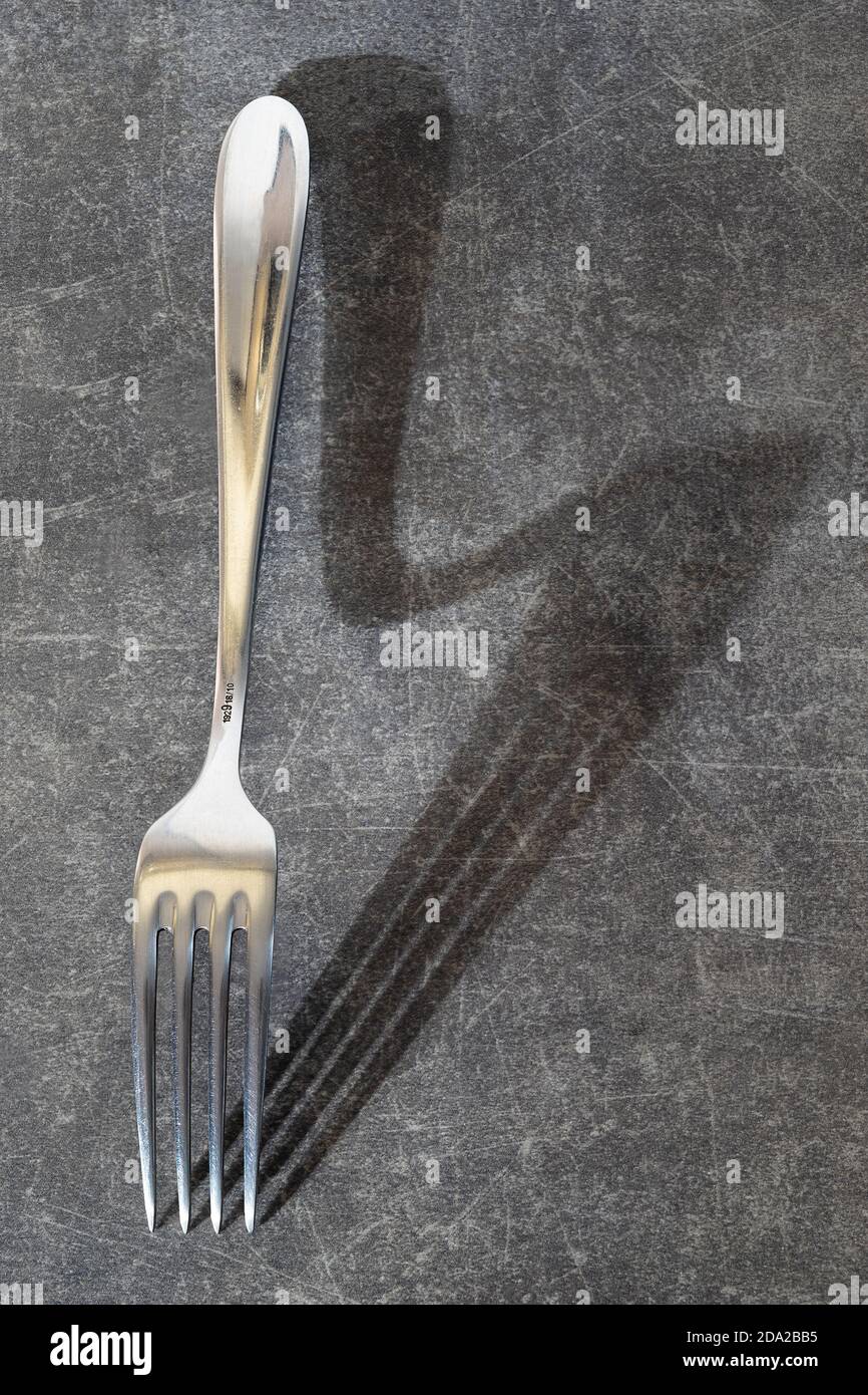 fork lying on textured gray background with an unusual shadow, close up ...