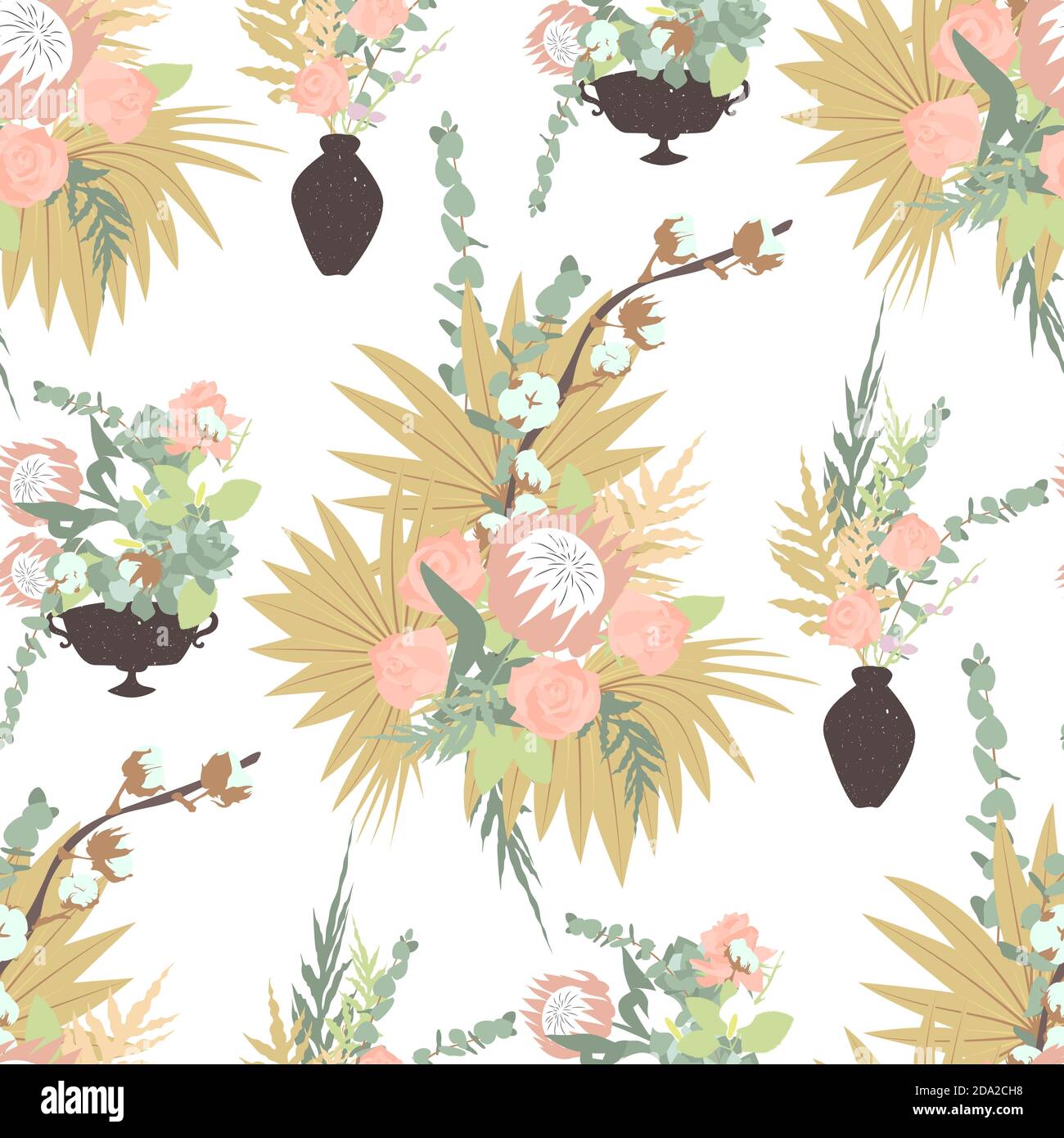 Floral boho seamless pattern with tropical flowers, leaves and bouquets ...