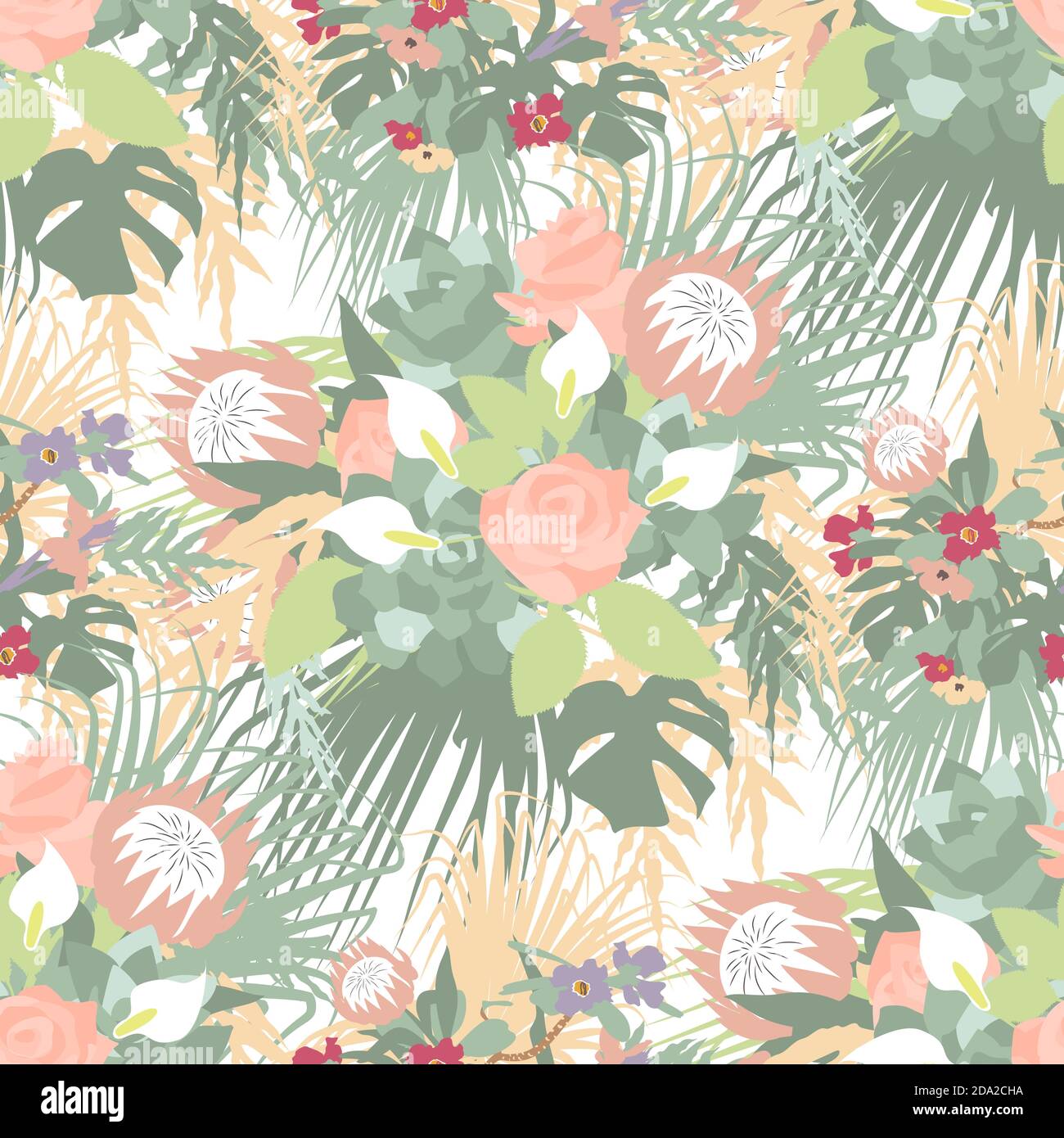 Floral boho seamless pattern with tropical flowers and leaves Stock ...