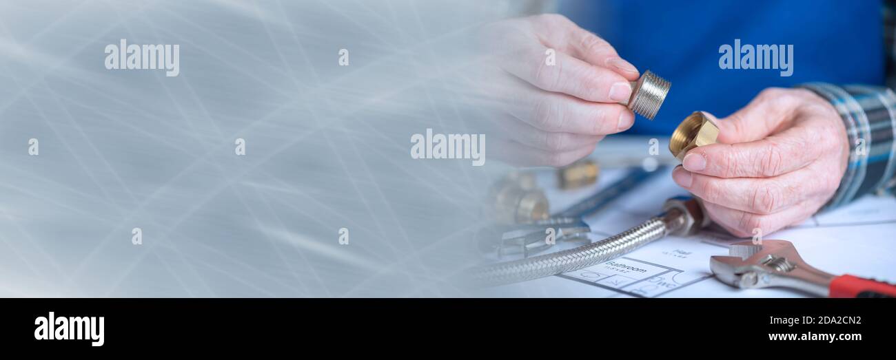 Plumber hands using plumbing fittings; panoramic banner Stock Photo - Alamy